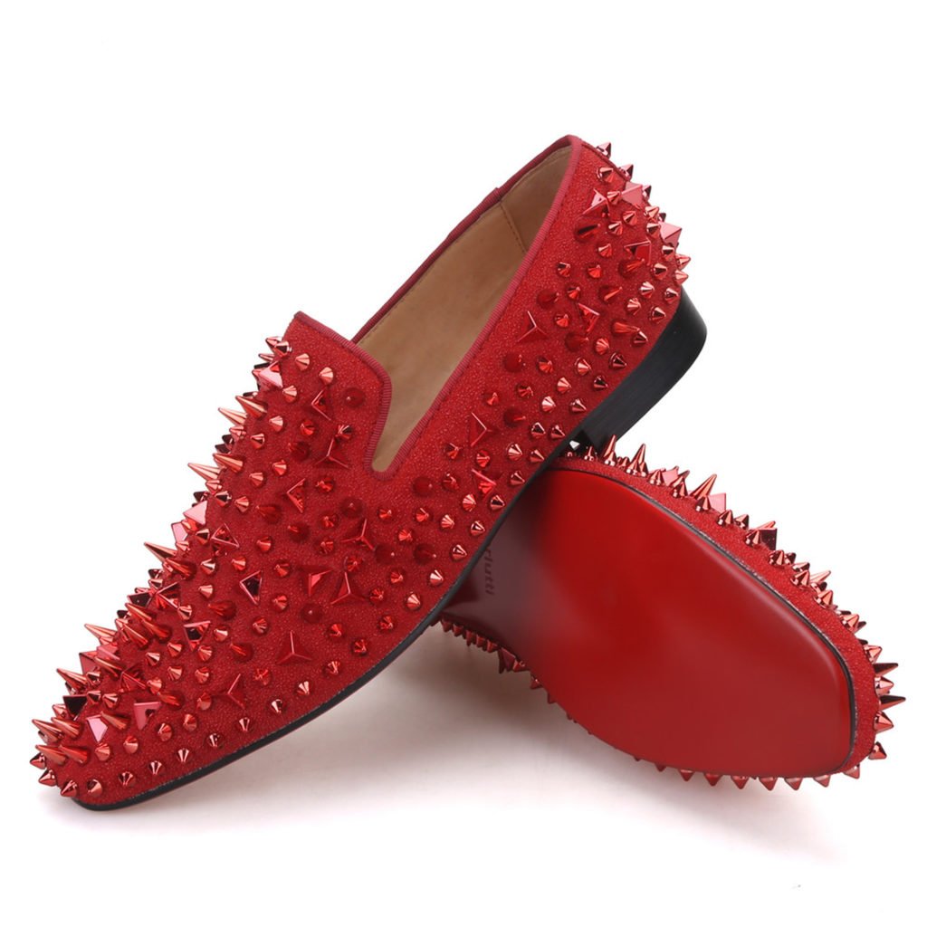 Red Loafer Red Rhinestones Rivets Flat - Merlutti
