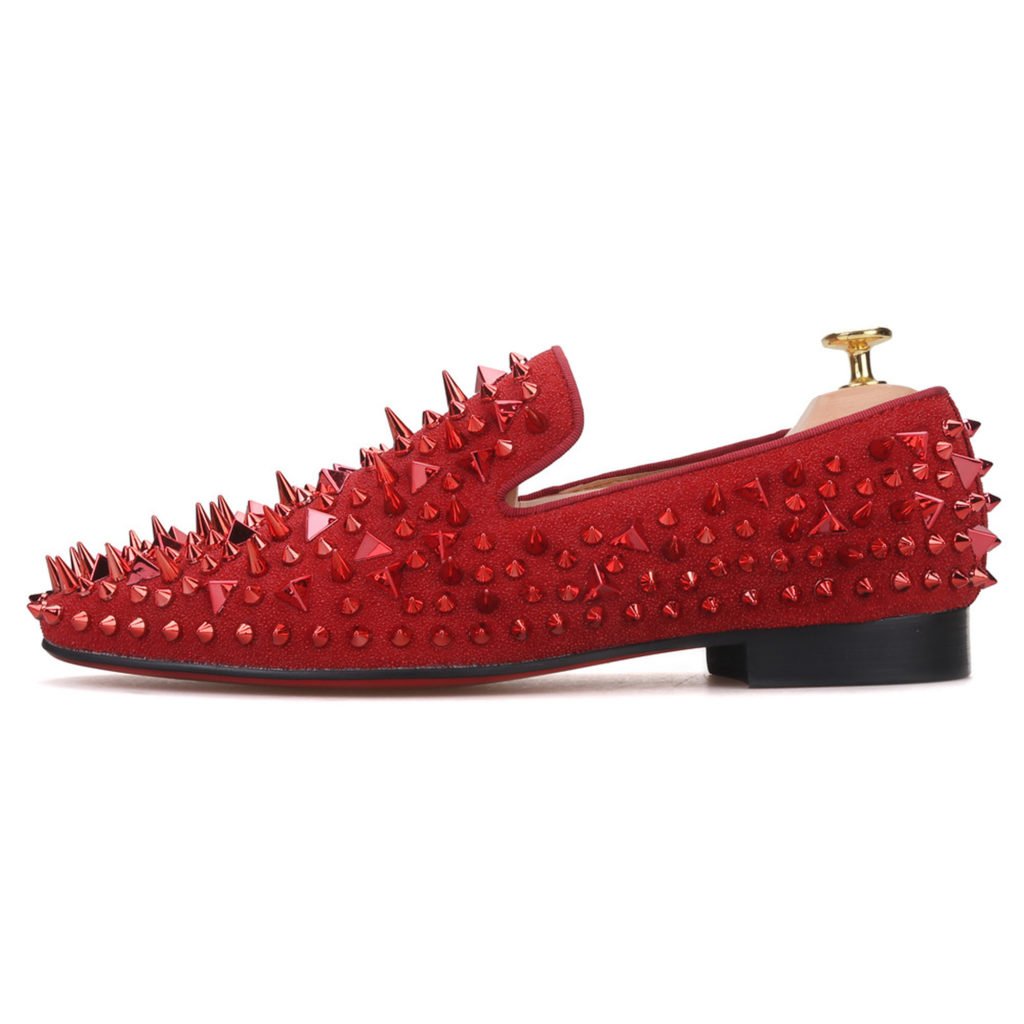 Red Loafer Red Rhinestones Rivets Flat - Merlutti